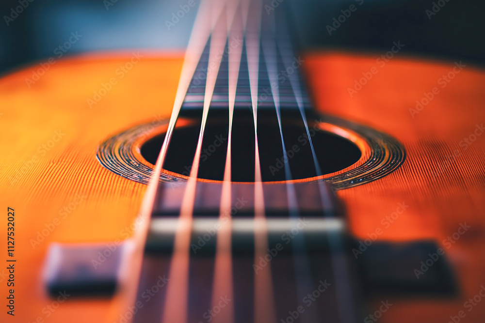 Strings and soundholes of an acoustic guitar, highlighting the ...