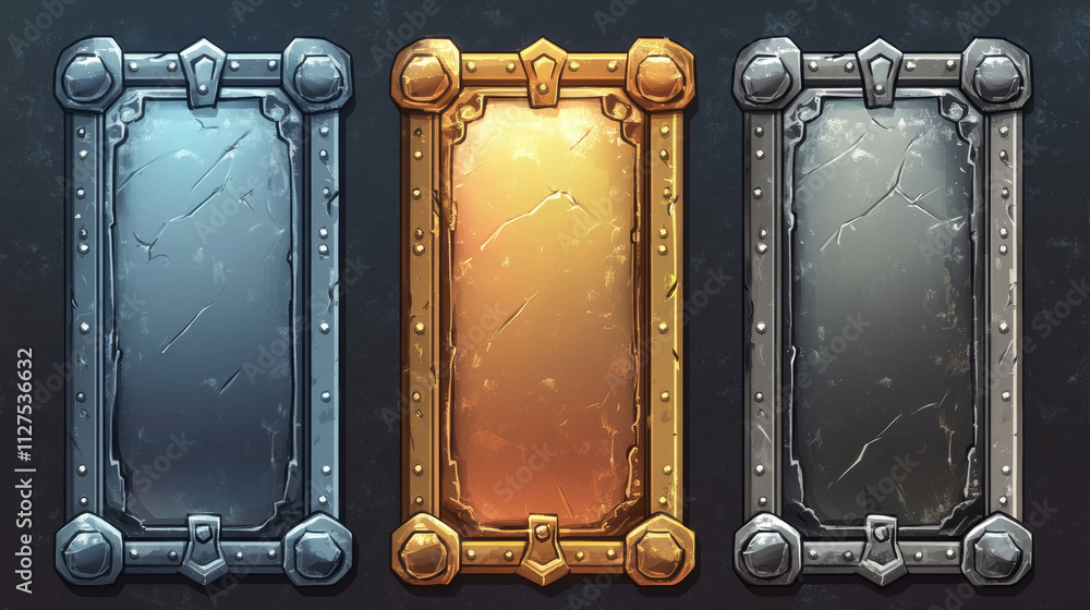 Empty rectangle frames in medieval style for game ui design. Vector cartoon set of user ...