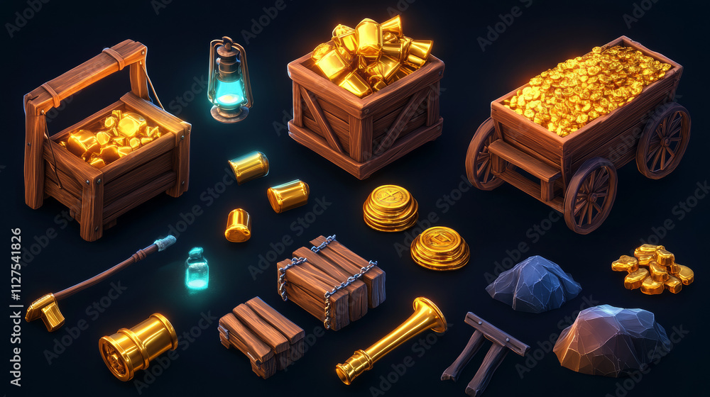 Game props icons gold mine assets dynamite, trolley with golden nuggets ...
