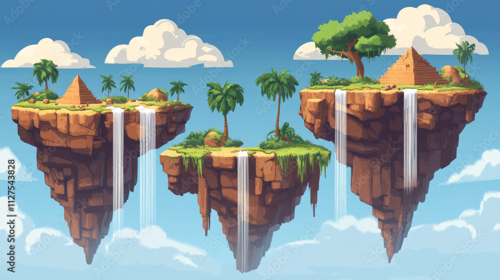 Game floating islands with lake and waterfall, green forest with fir ...