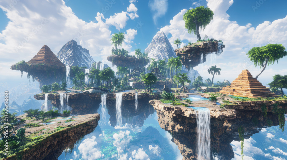 Game floating islands with lake and waterfall, green forest with fir ...