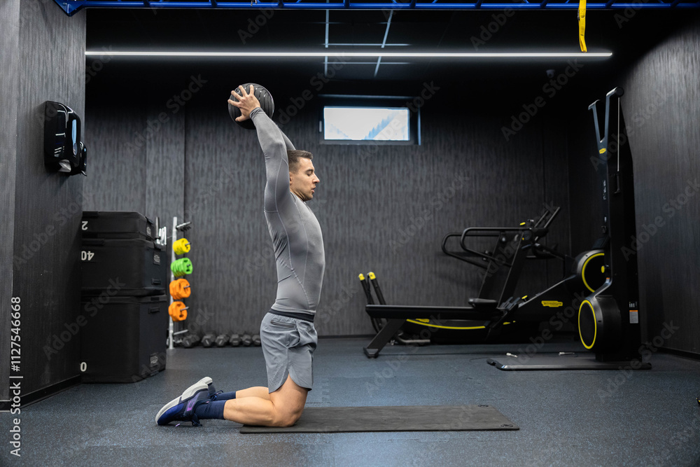 man in the gym doing an exercise with a medicine ball - throwing a ...