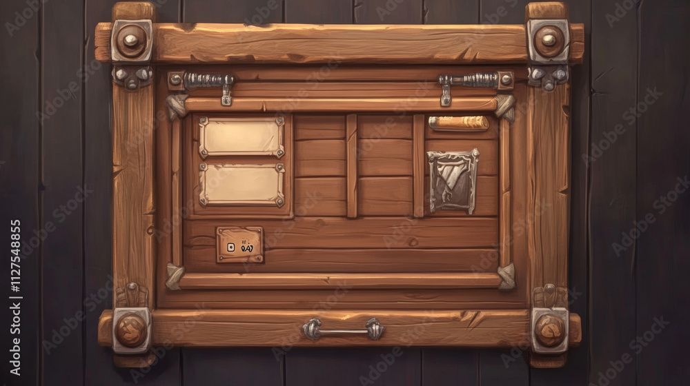 Shop game interface design - cartoon vector illustration wooden frame ...