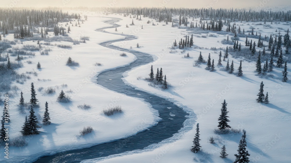 Frozen river winding through an icy tundra landscape, captured from ...