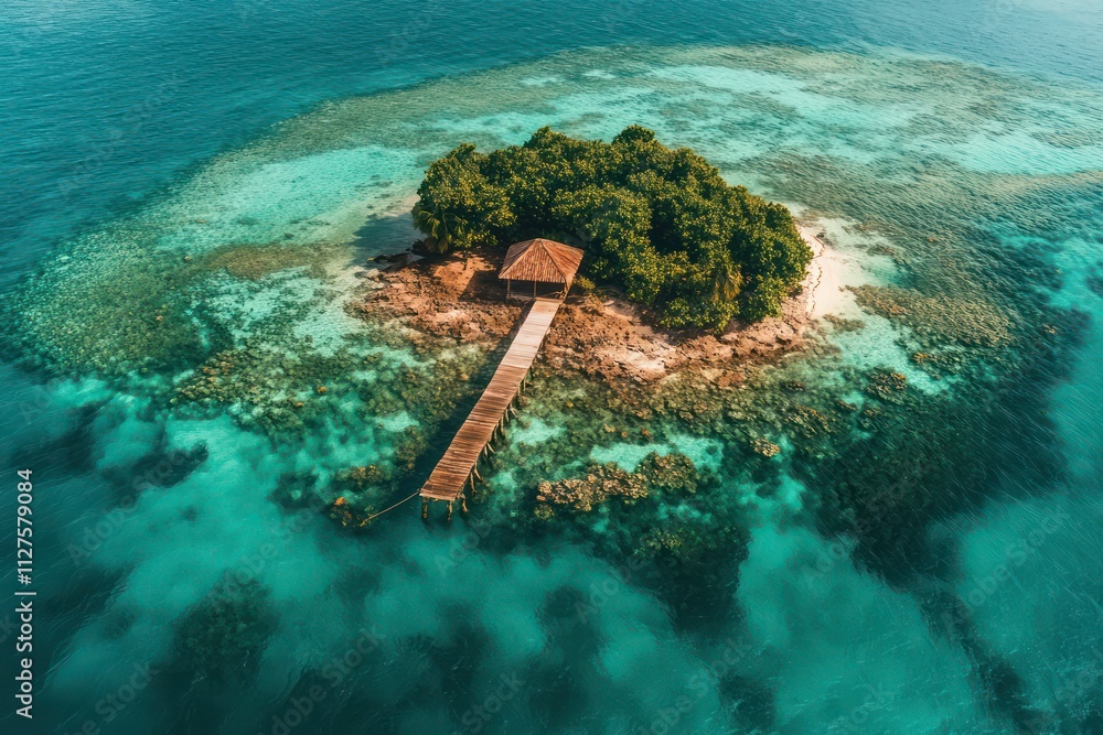 Tiny private island with a small pier and a single beach hut ...