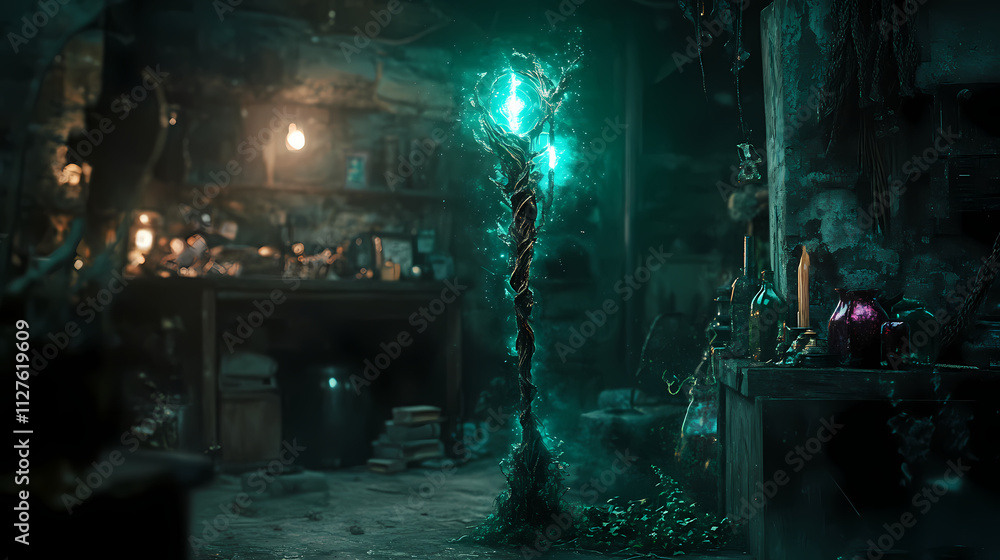 Surreal photograph of a mystical staff with luminous technorunes ...