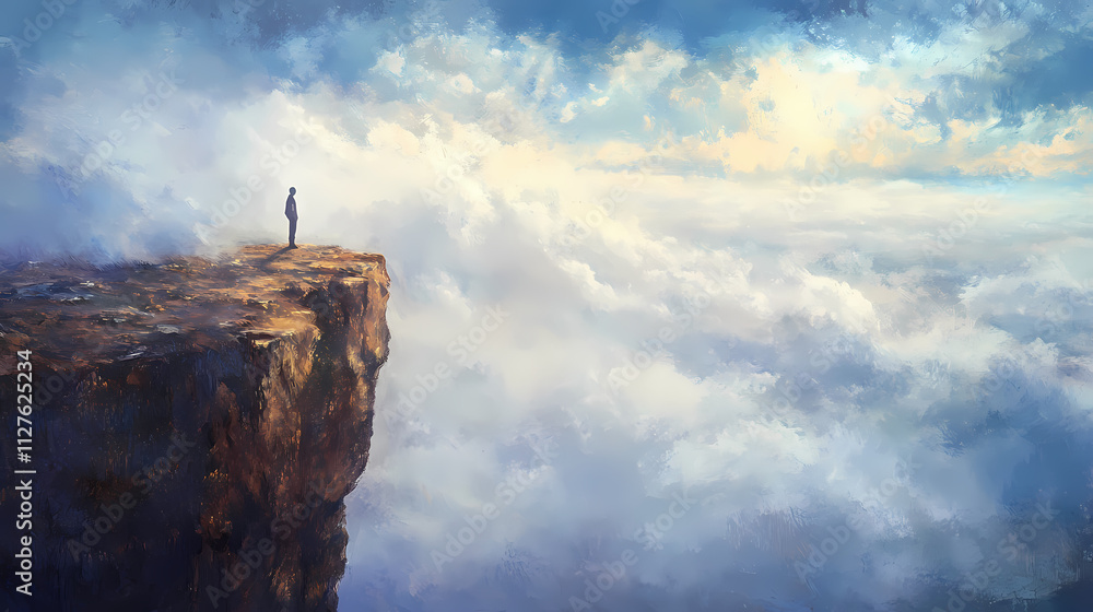 Solitude above the clouds: a lone figure contemplates the vast expanse ...