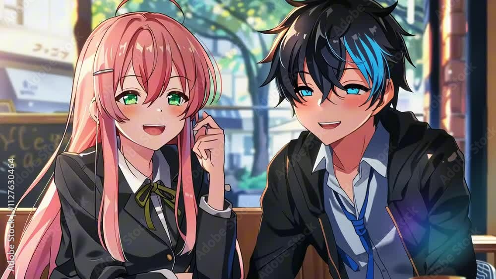 Two cheerful high school anime friends in uniforms smiling together ...