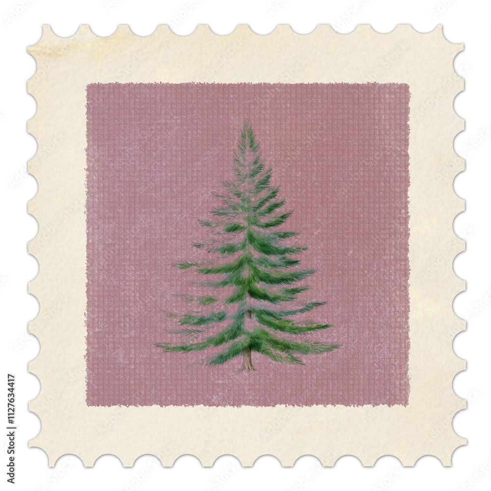 vintage postage stamp christmas tree stamp dark red square ivory frame ...