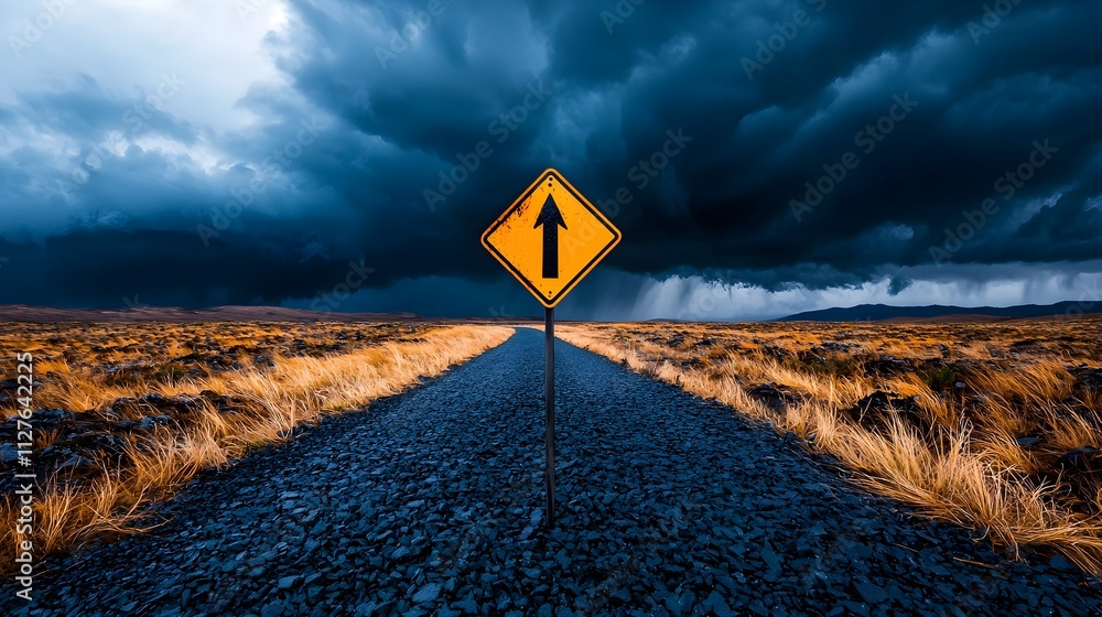 Road sign barely standing against an oncoming storm, wind tearing ...