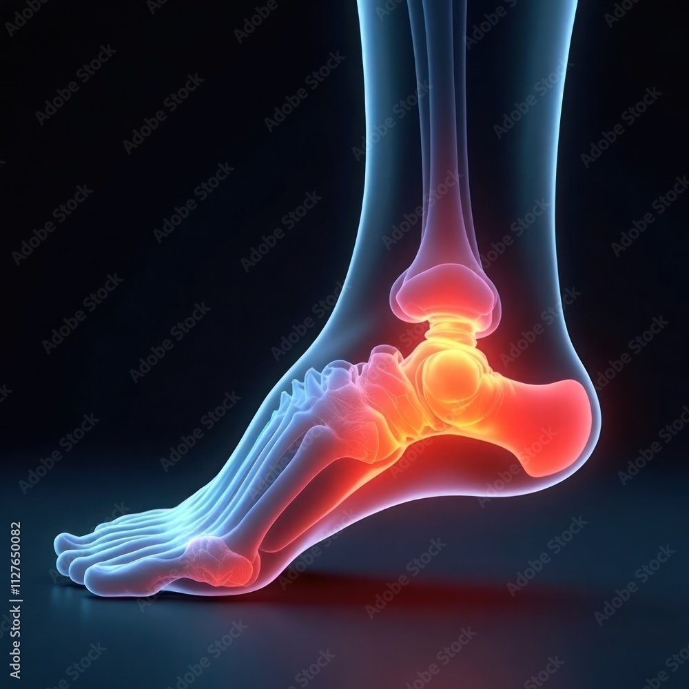 Medical illustration of foot anatomy plantar fasciitis pain. Heel pain, arch pain emphasized ...
