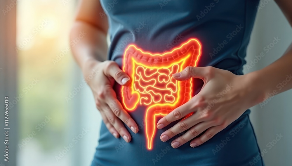Woman holds hands on lower abdomen. Intestines highlighted in orange ...