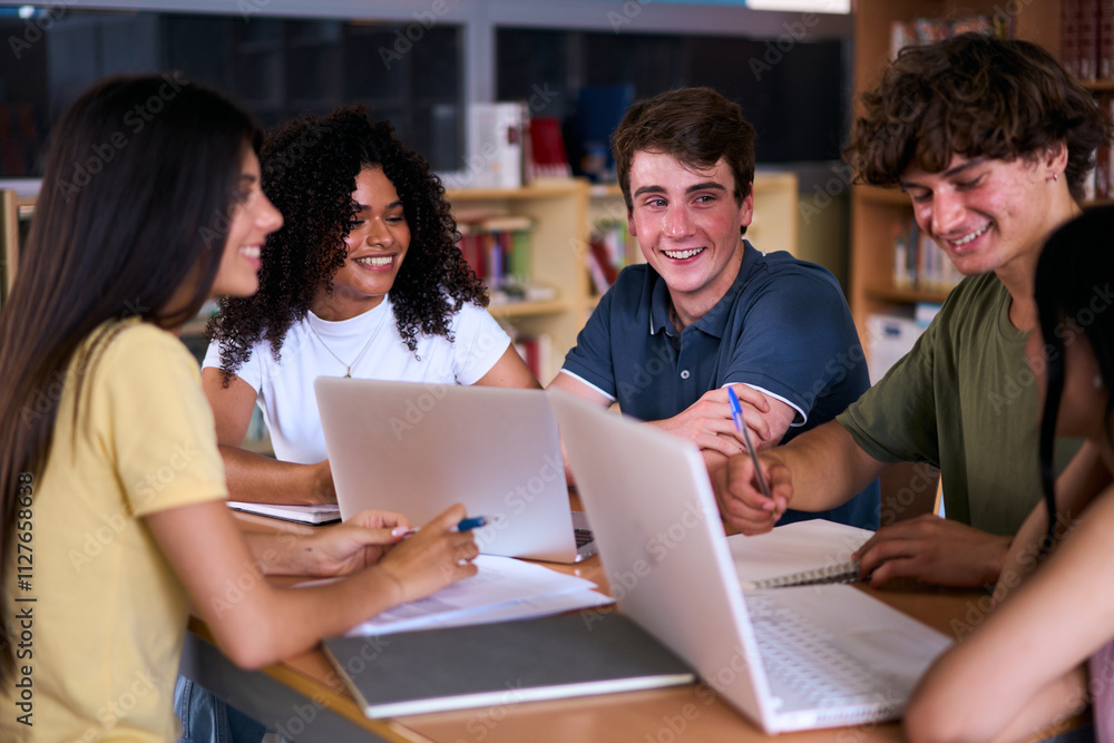 Group of young high school students doing classwork together using ...