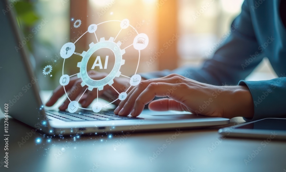 Person using laptop with AI interface. Hands type on keyboard. AI ...