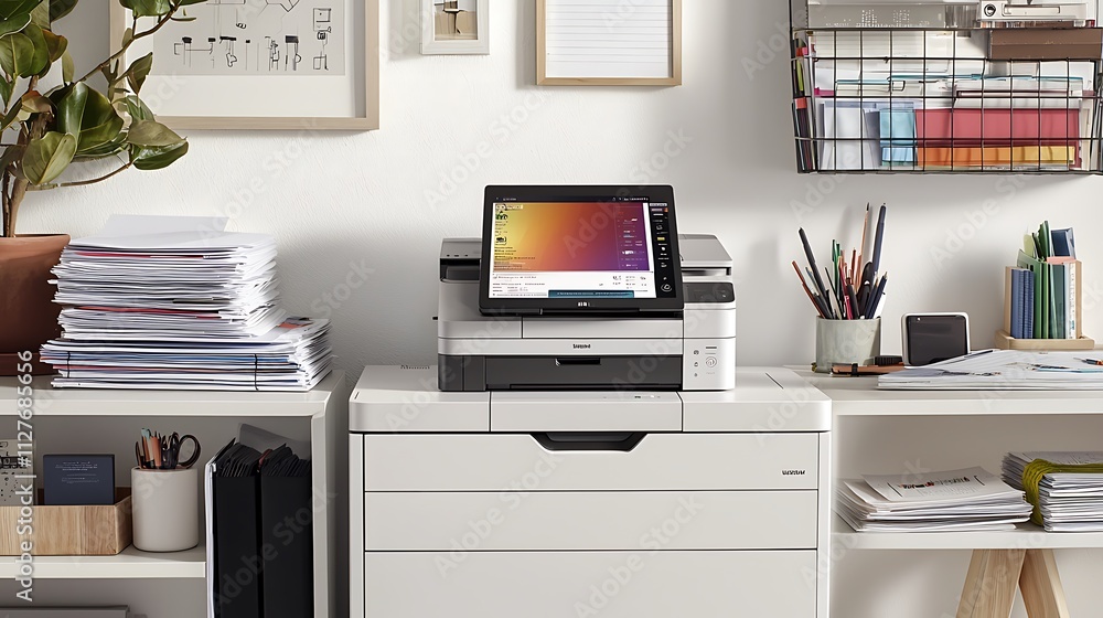 Modern home office with all-in-one printer, tablet, and organized ...