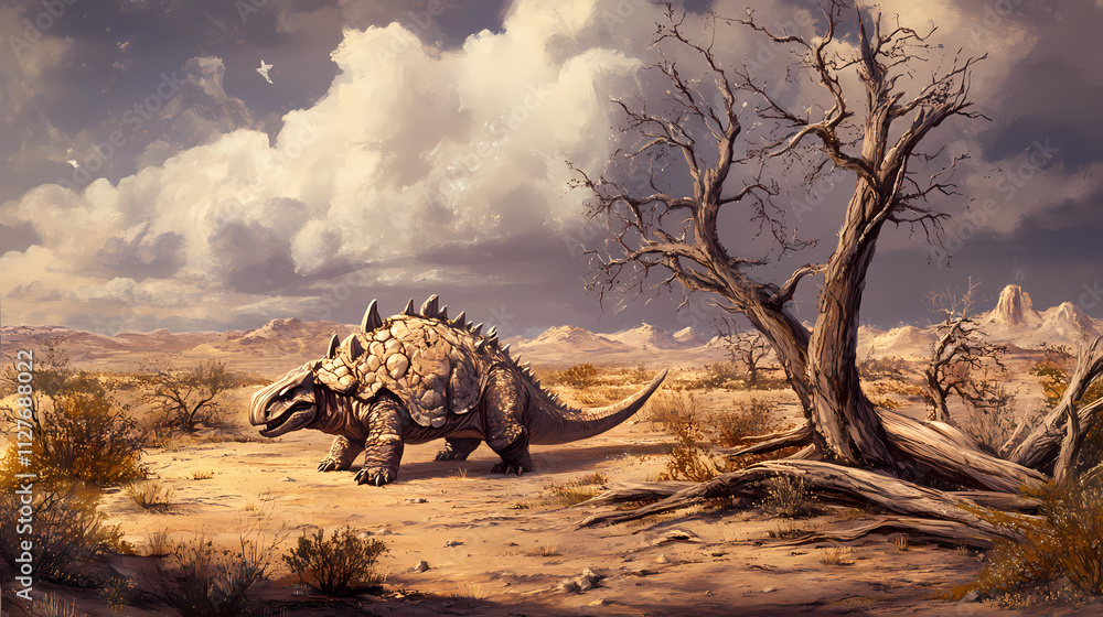 Armored ankylosaurus lumbering through dry desert landscape with fallen ...
