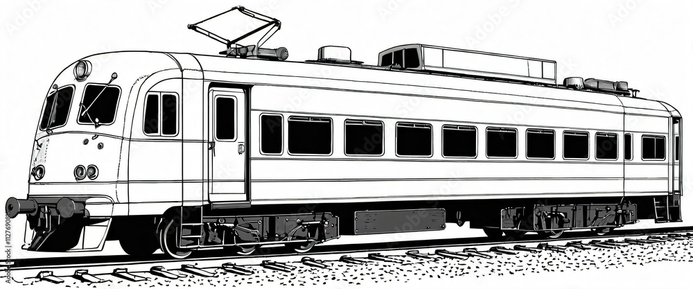 Detailed black and white drawing of a locomotive: precise lines and ...