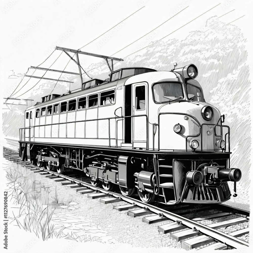 Detailed black and white drawing of a locomotive: precise lines and ...