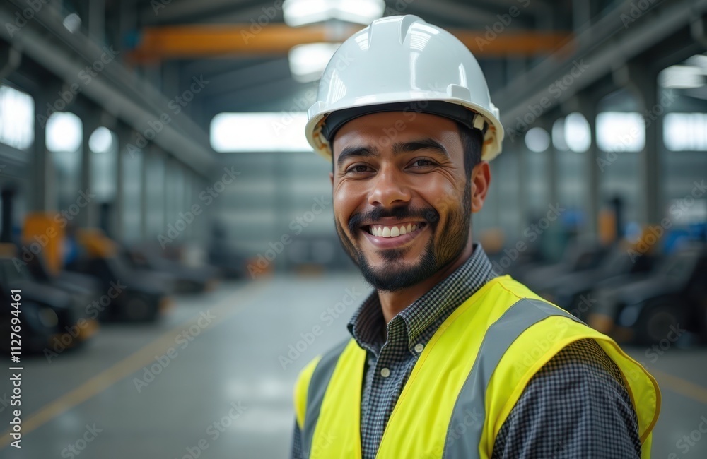 Hispanic male mechanical engineer smiles at camera in metal factory ...