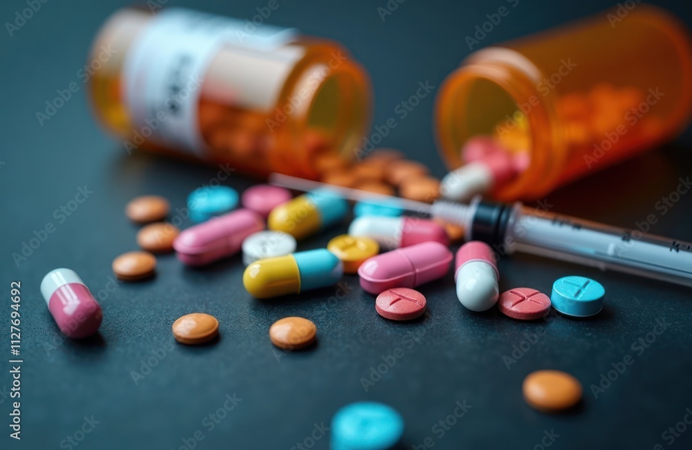 Colorful pills, syringe lie on dark table. Drug addiction risks shown ...