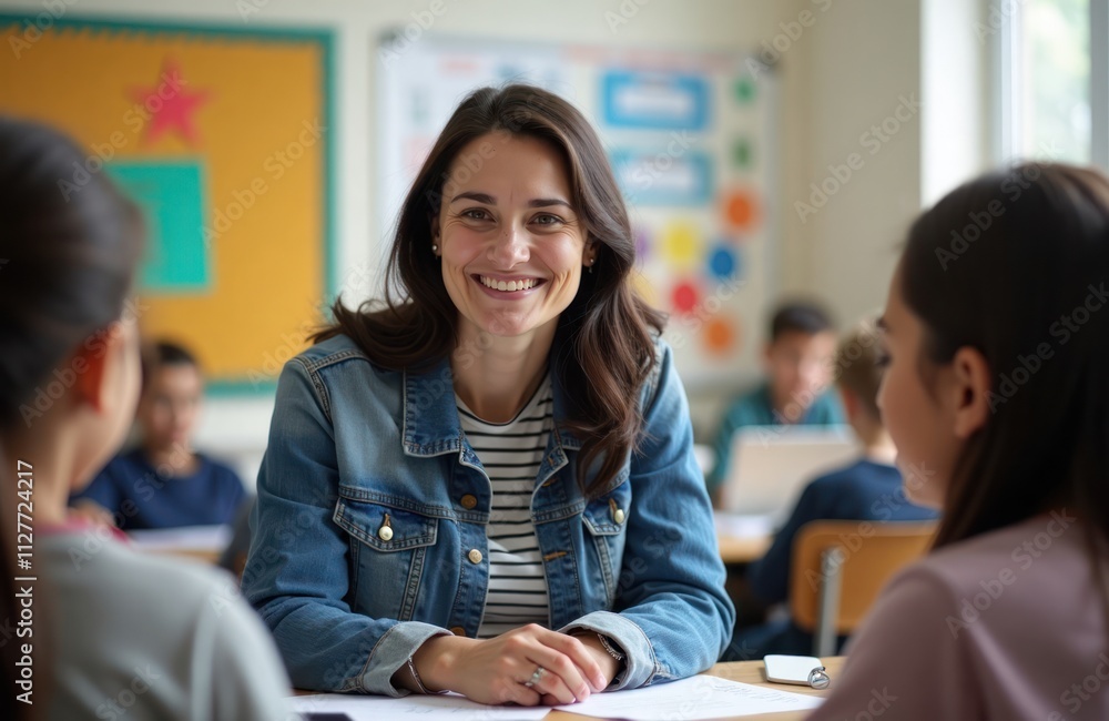Elementary school teacher smiles warmly during parent-teacher meeting ...