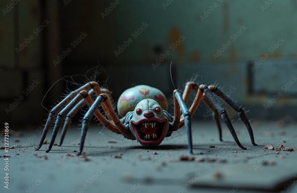 Creepy clown spider in abandoned room. Horror scene. Spooky spider with ...