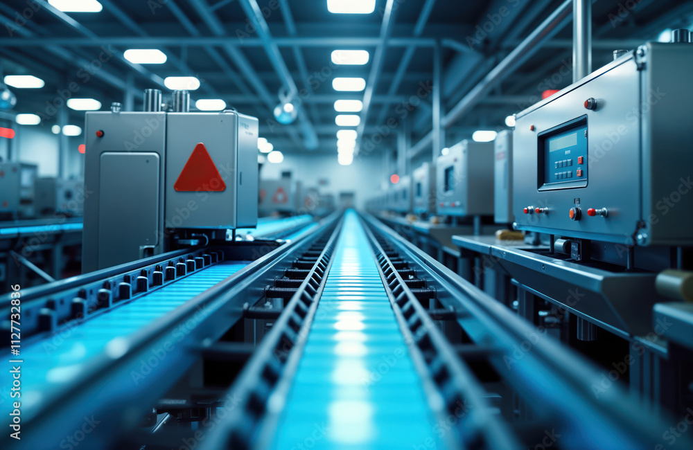 Automated food processing facility with conveyor belt system. Modern ...