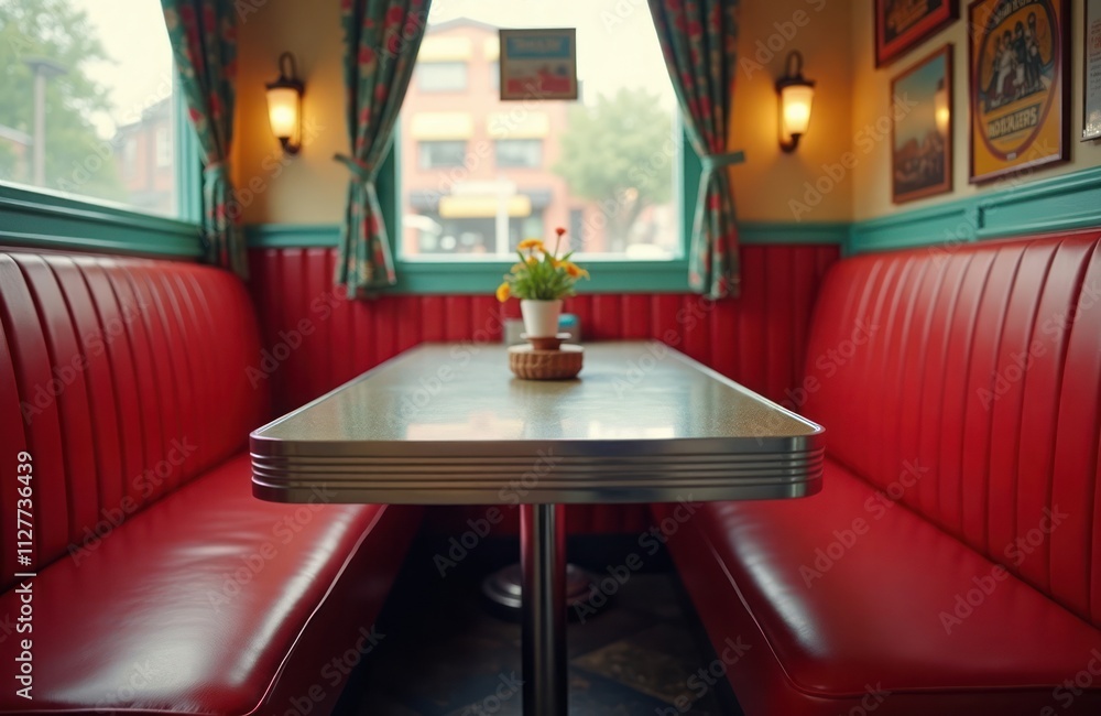 Cozy diner booth with retro red vinyl seating, shiny table in vintage ...