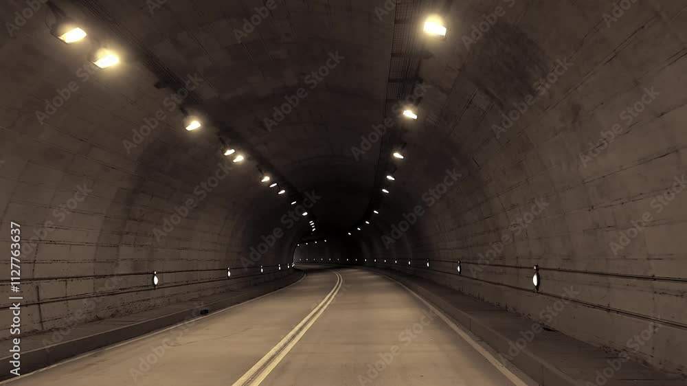 A dark, empty tunnel reveals a smooth roadway lined with bright lights ...