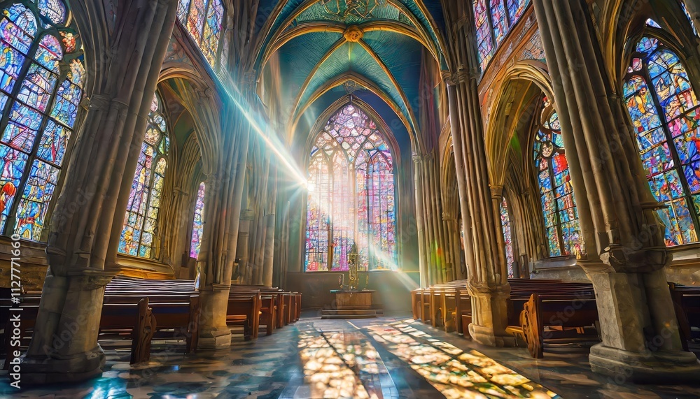Stunning Vibrant Stained Glass Window of the Cathedral Illuminated by Piercing Rays of Bright ...