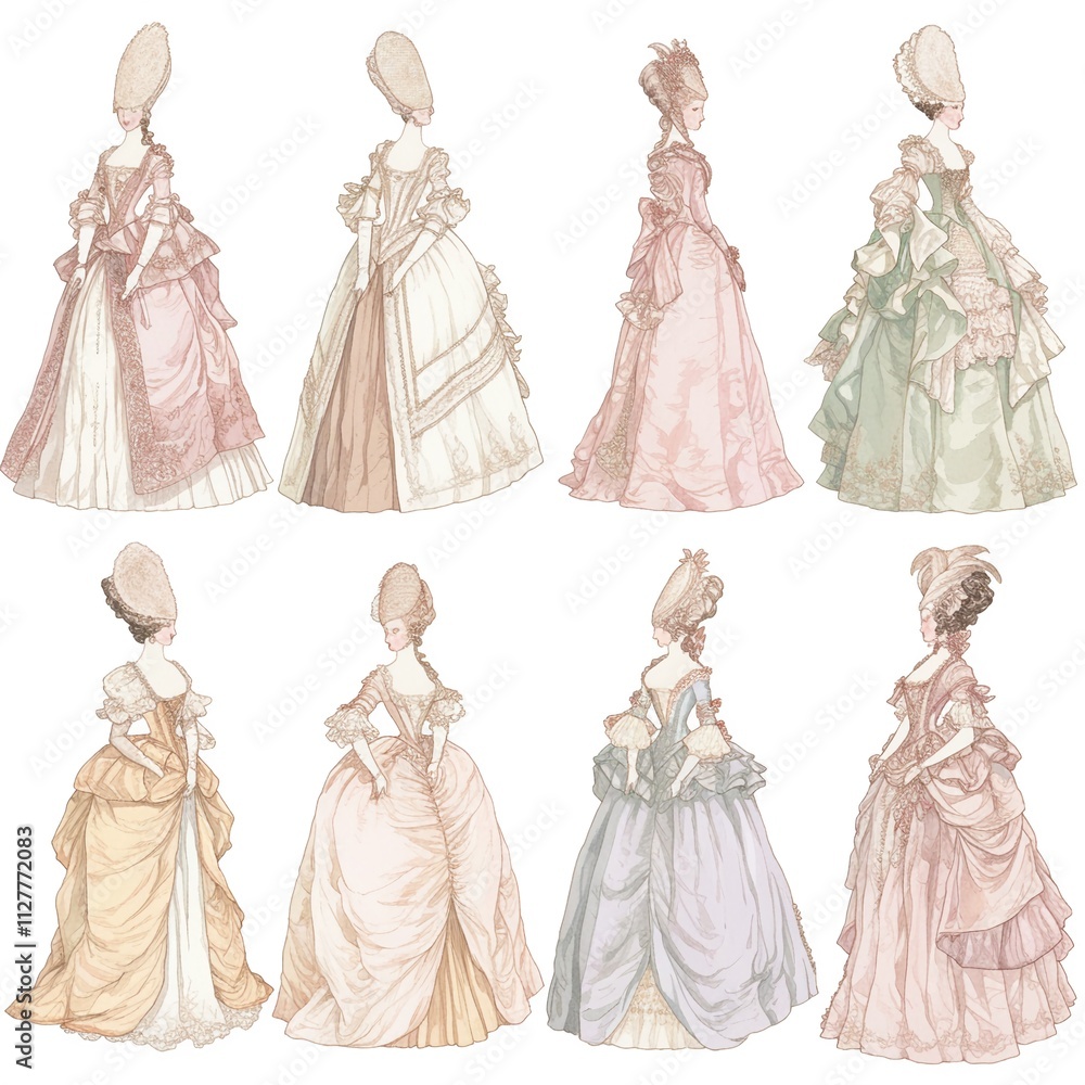 Collection of ball gowns of the XVIII-XIX centuries. Variety of ...