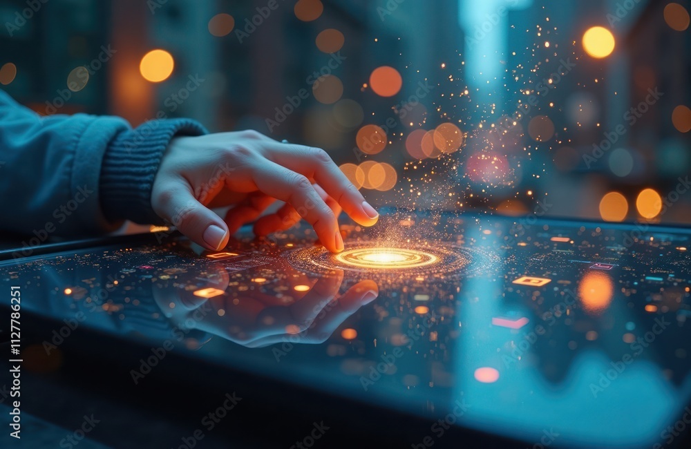 Person touches futuristic touchscreen. Hand interacts with advanced ...