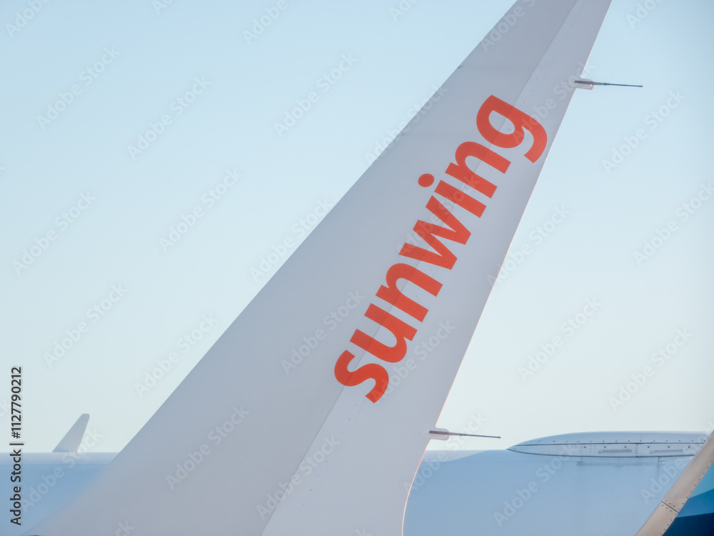 Los Cabos, Baja California Sur, Mexico. Dec 8, 2024. The tail of a Sunwing Airlines aircraft is ...