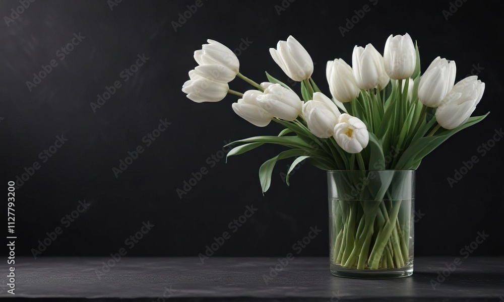 Fresh white tulips on dark background for necrology, heartfelt ...