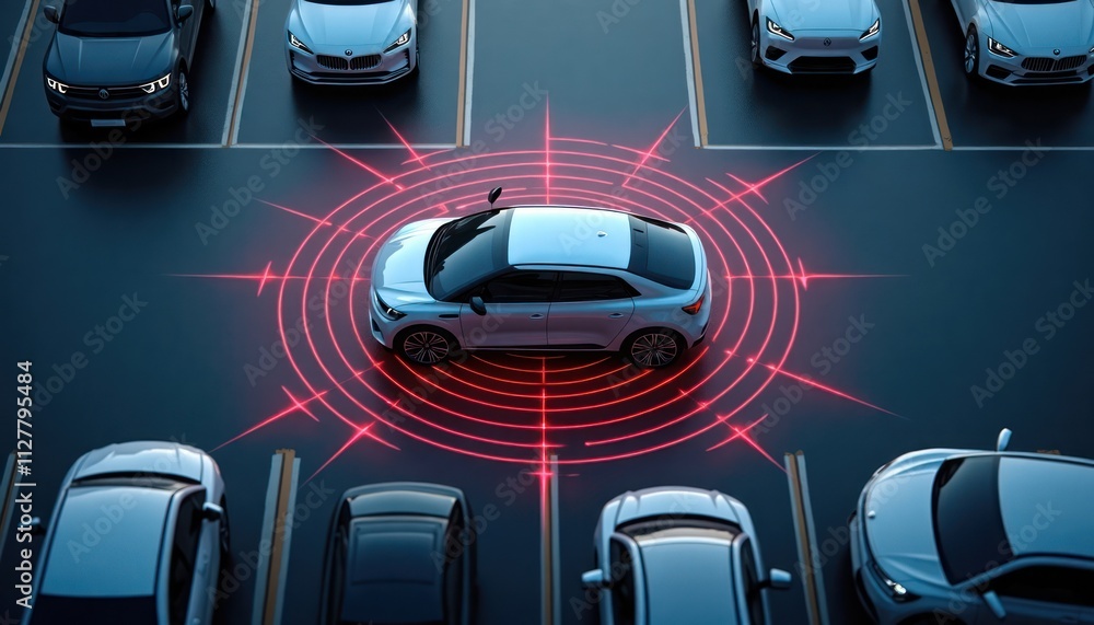 Top view of smart car parking assist system. Autonomous car in parking ...