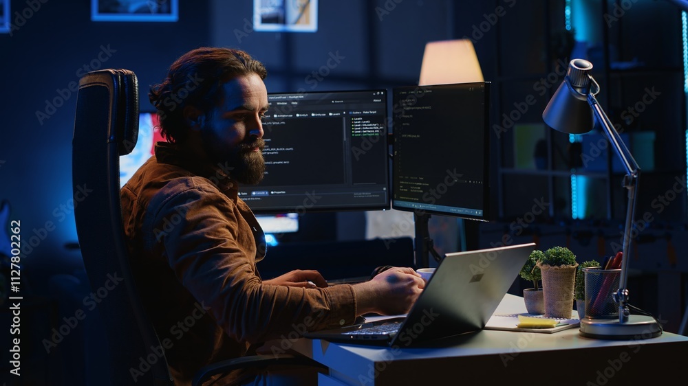 Software programmer putting headphones on while developing code, making ...