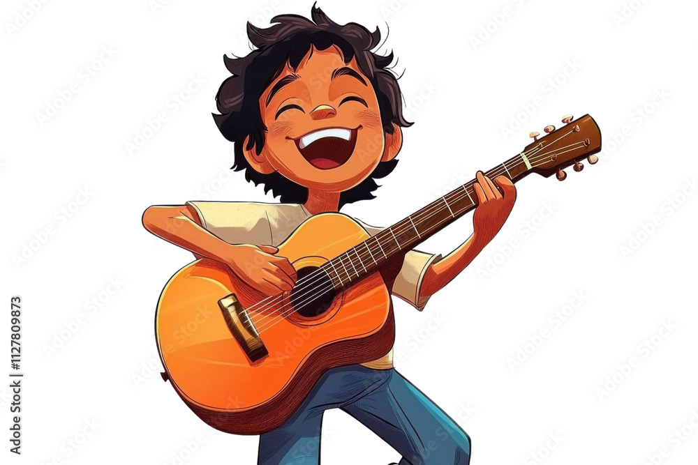 Joyful boy playing guitar in PNG style with transparent background ...