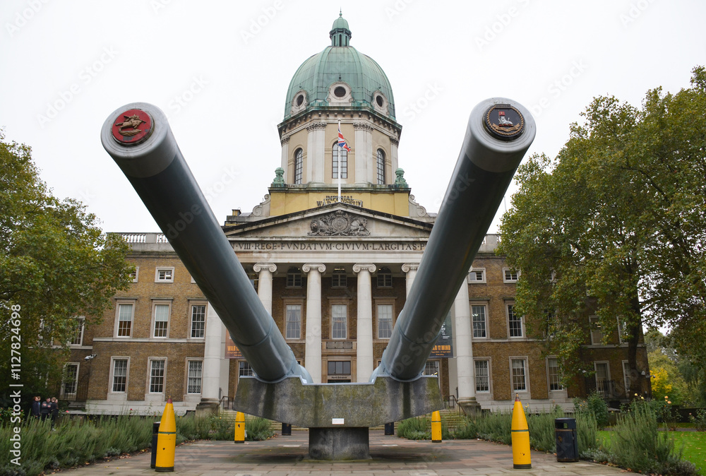 London, England, United Kingdom - October 2024: Royal Navy 15-inch guns ...