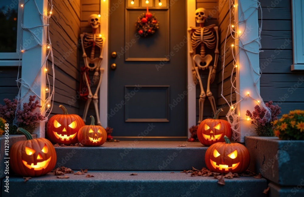 Spooky Halloween porch decorated with pumpkins, skeletons. Jack-o ...