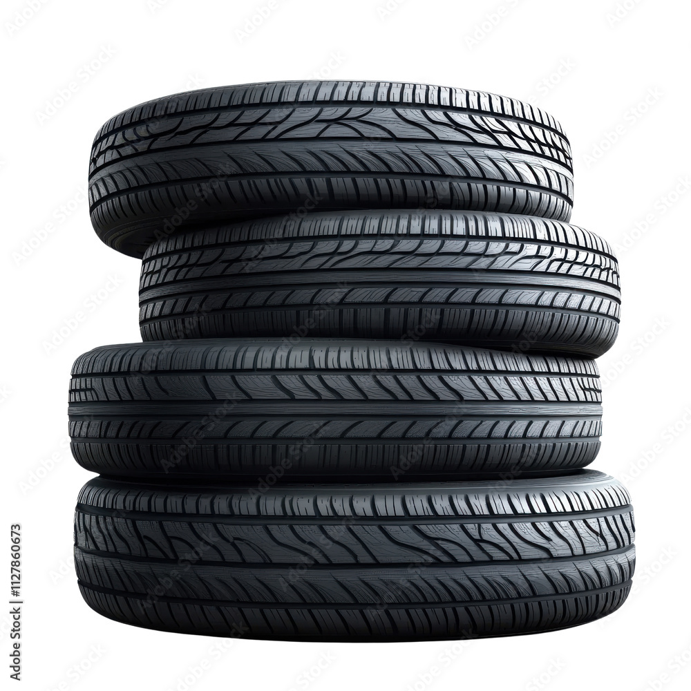 Stack of black automobile tires showcasing detailed tread texture on a transparent background ...