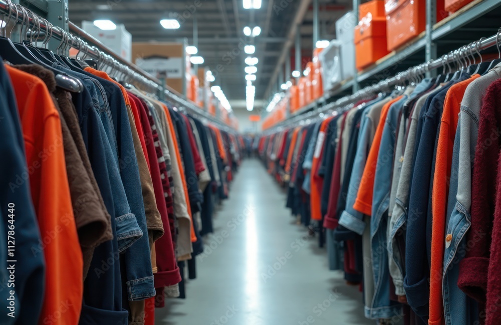 Warehouse filled with racks of identical fast fashion clothes. Massive ...