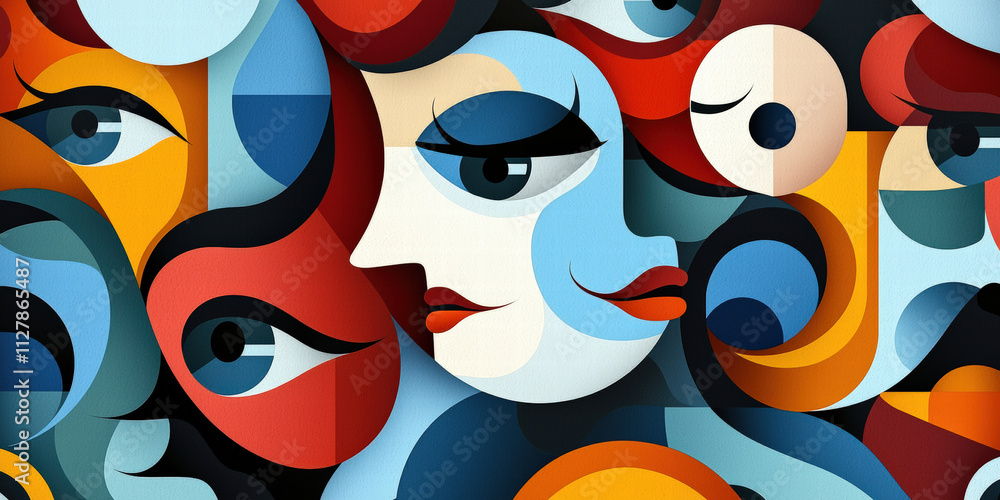 A vibrant abstract artwork featuring stylized faces with bold colors ...