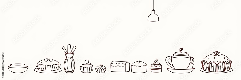 Continuous one line art cafe elements in a linear style, featuring hand ...