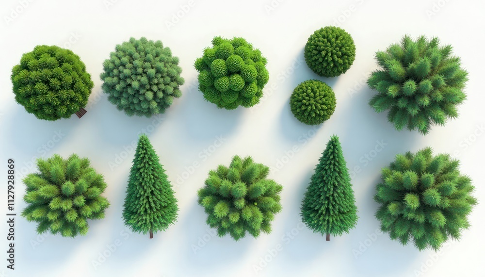 Top view illustration of various trees, shrubs. Diverse foliage designs ...