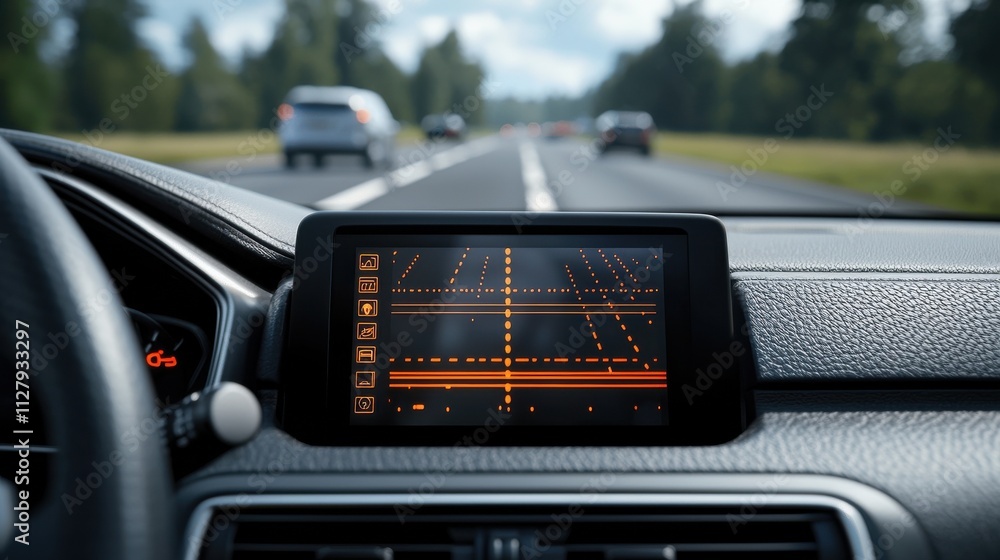 A car dashboard displays a navigation screen, showing a road ahead with ...