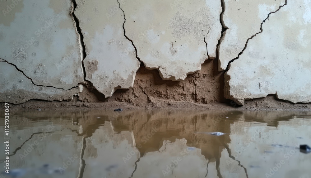 Damaged concrete walls, ceiling show severe water infiltration. Cracks ...
