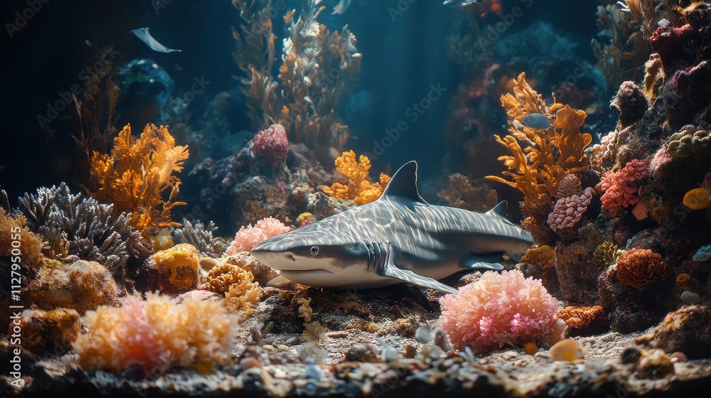 Stunning Underwater Scene with Shark Swimming Among Vibrant Coral Reefs ...