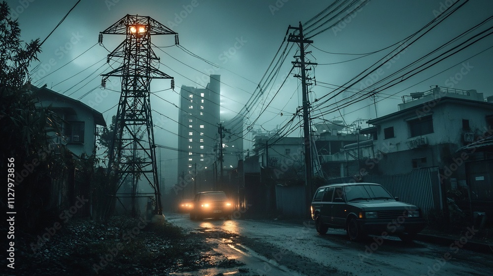 Futuristic earthquake warning tower equipped with glowing network lines ...