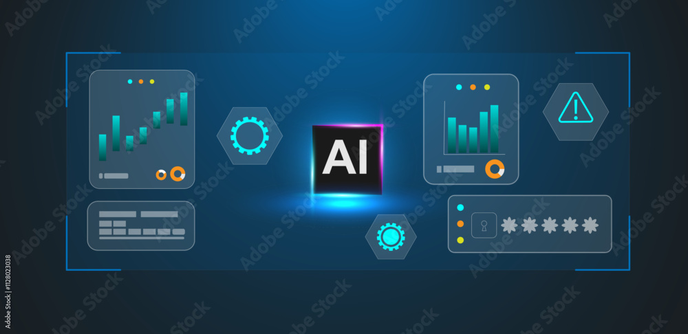 Ai chip technology with screen or machine learning blue background ...