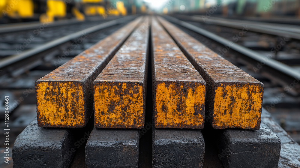 Steel Rails: A close-up shot of four rusty steel rails, stacked in a ...